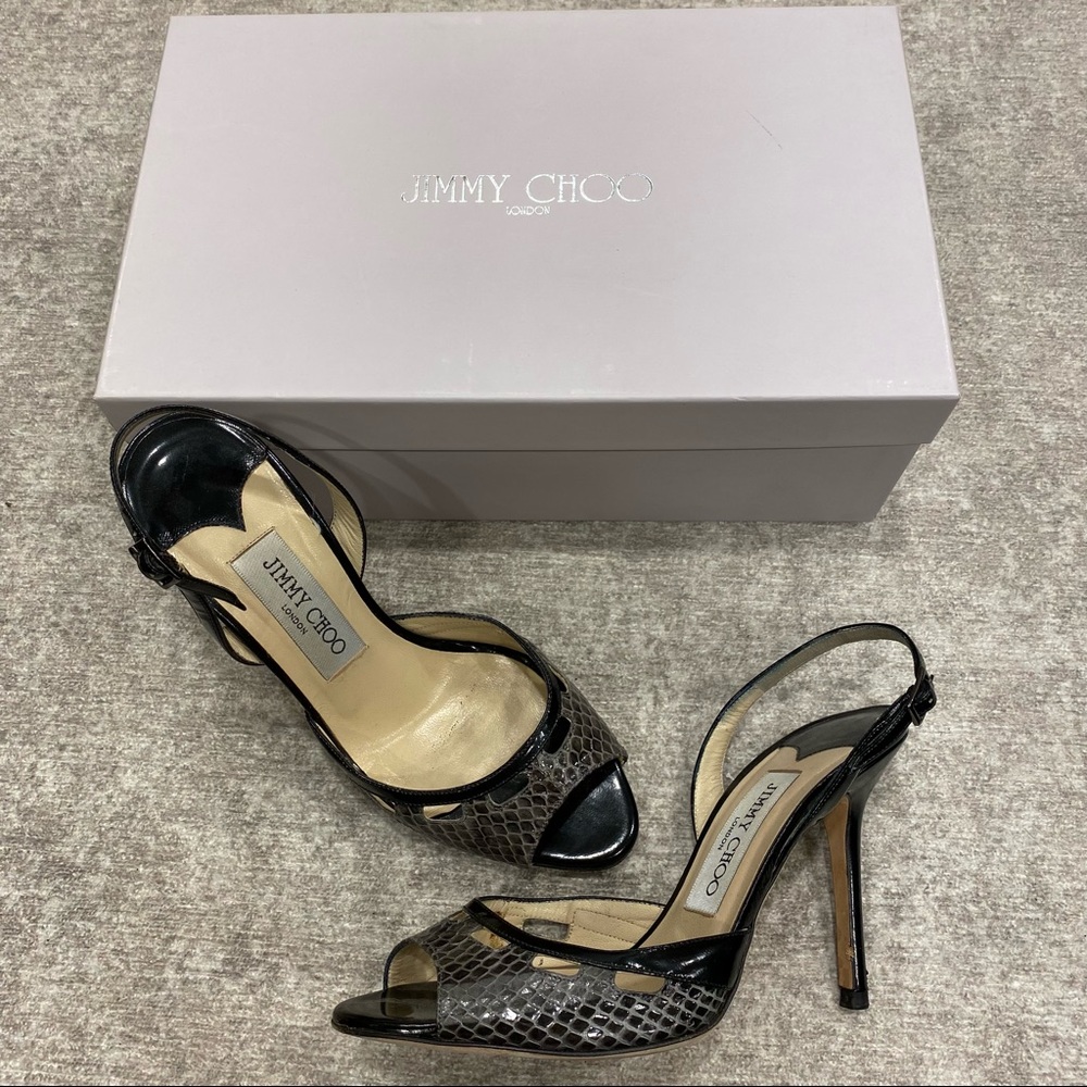 Jimmy Choo Black & Grey Snakeskin Heels Slingback Lea… - Gem
